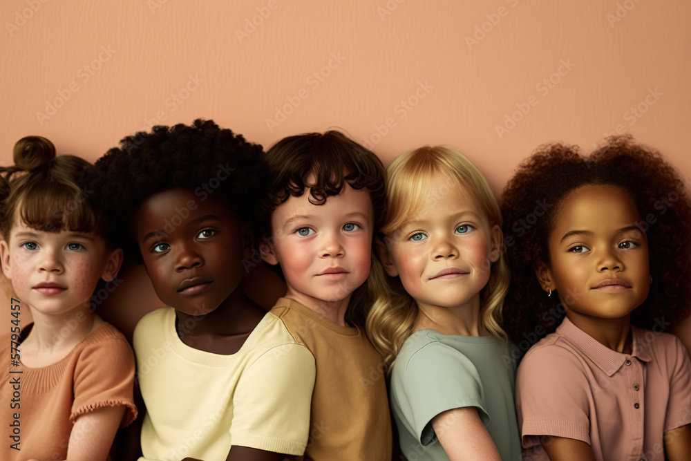 A group of smiling children of different skin tones and nationalities ...