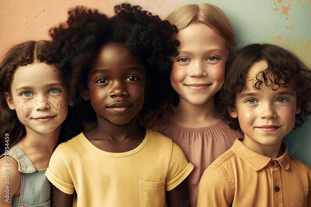 A group of smiling children of different skin tones and nationalities ...