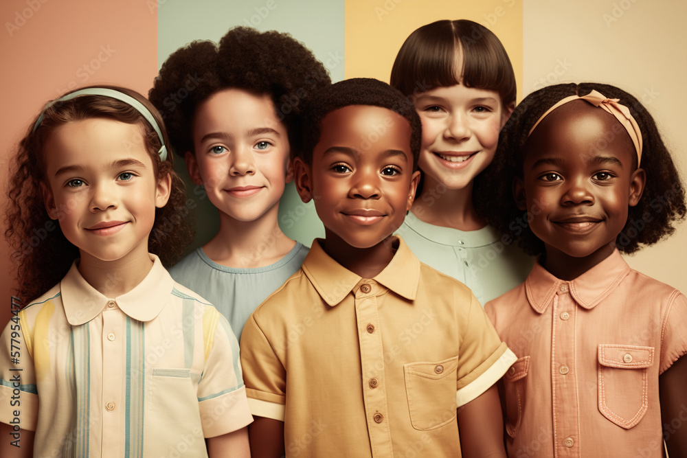 A group of smiling children of different skin tones and nationalities ...