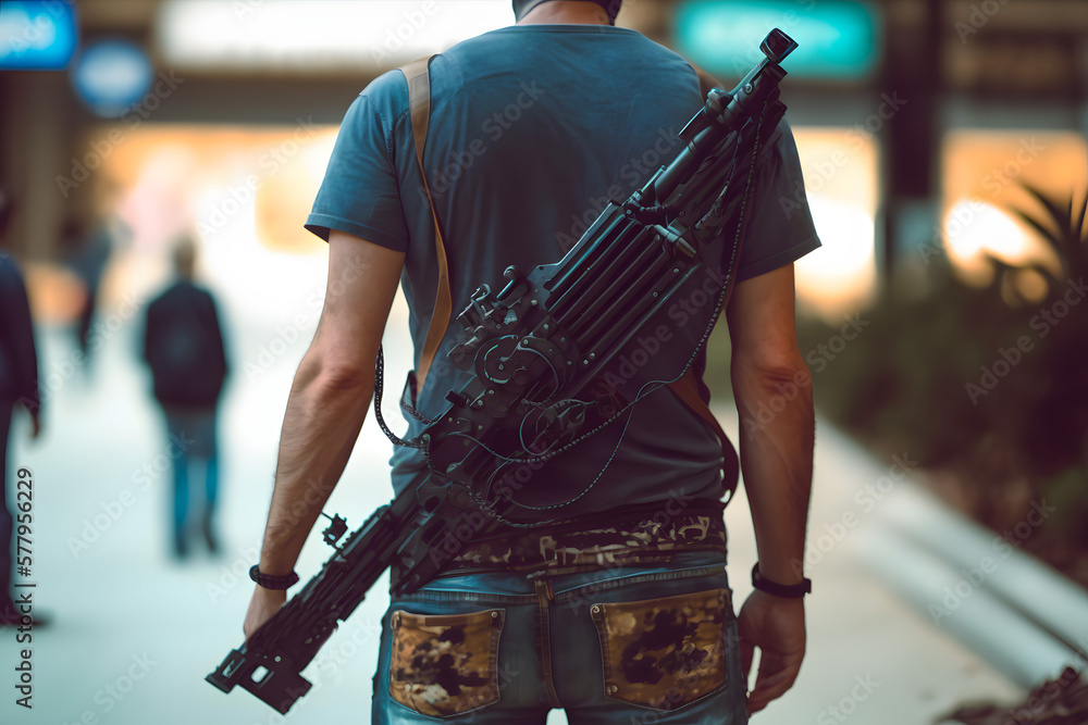 Man with a machine gun firearm in a shopping mall with many people ...