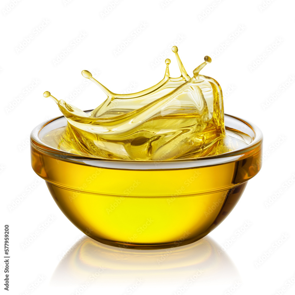 cooking oil with splash in glass bowl isolated on white Stock Photo ...