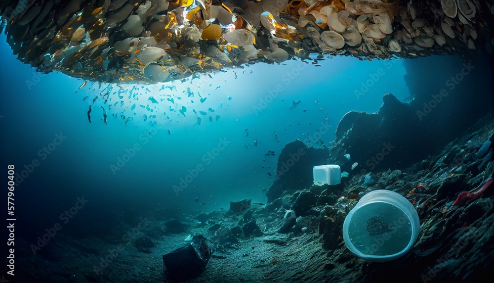 Plastic waste and trash under water in the ocean. Climate change, the ...