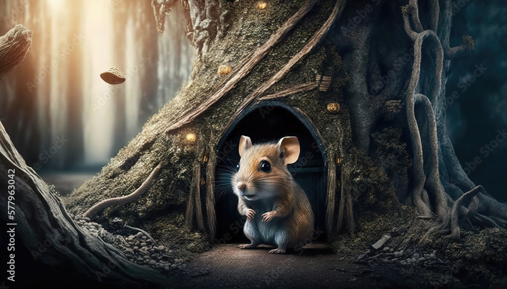 a cute and adorable mouse is standing shy in front of his tree entrance ...