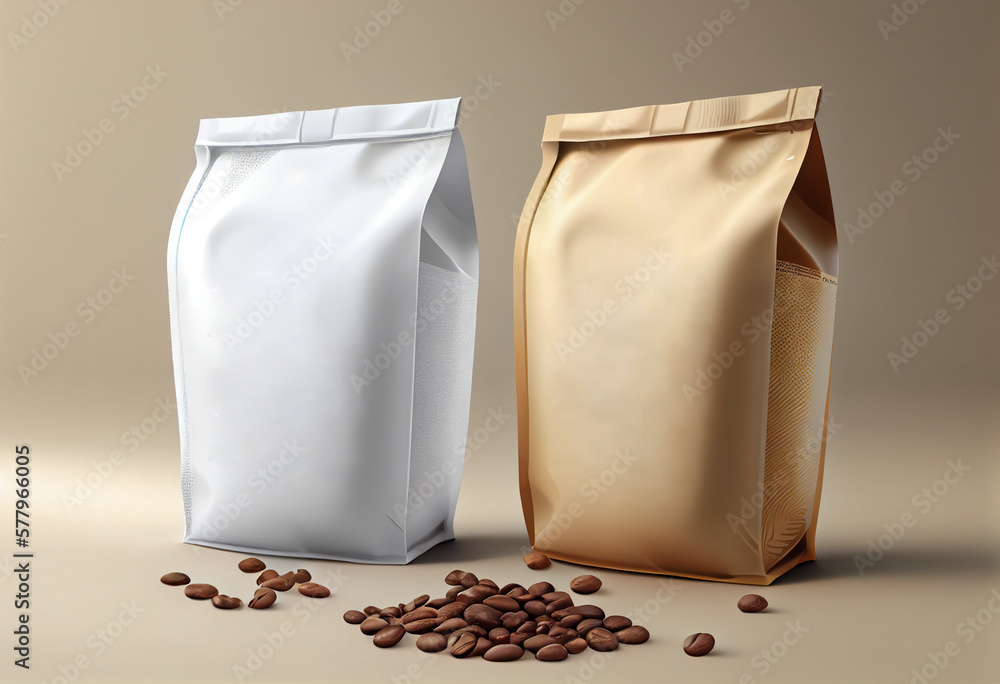 Paper pouch bag front and back view isolated on beige background ...