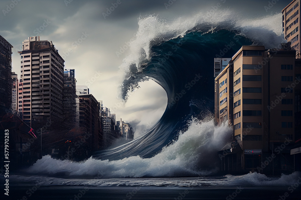 Huge tsunami hits the city. Dramatic scenery with a big wave flooding ...