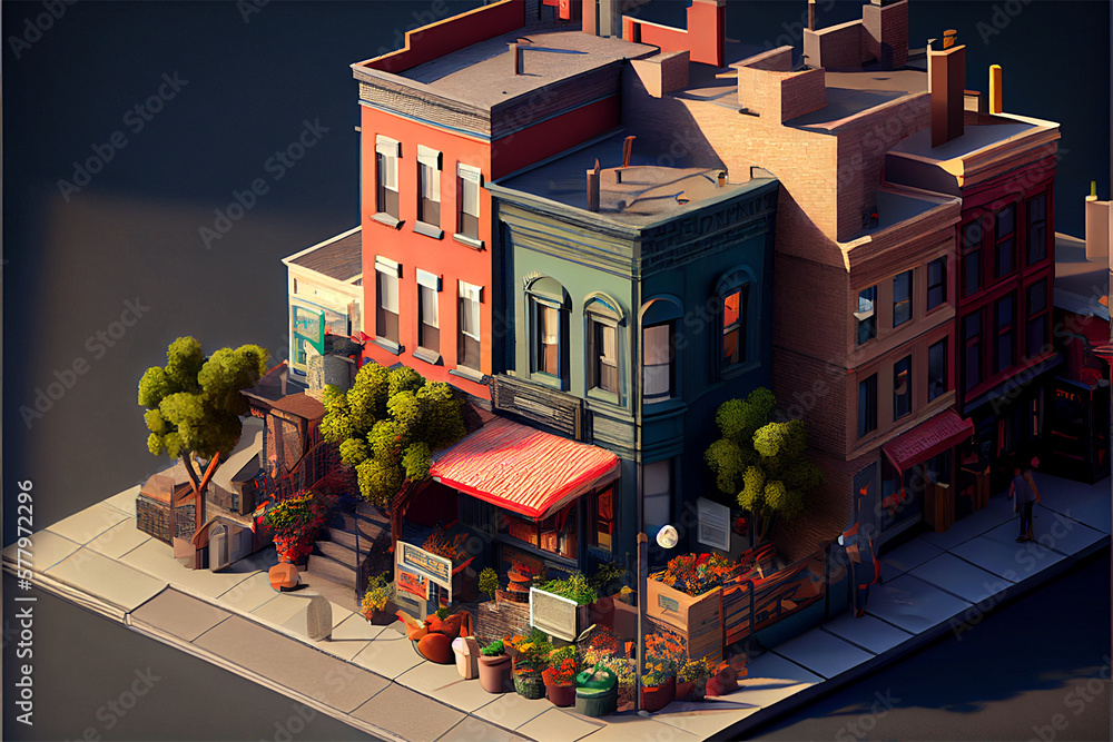 Colorful cartoonic 3d render of little buildings in a small town ...