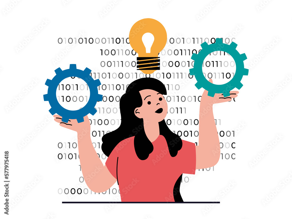 Programming Software Concept With Character Situation Woman Working With Program Code Fixing