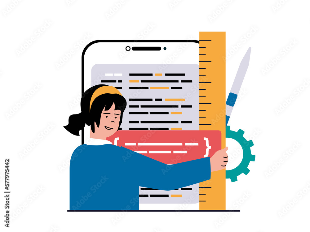 Programming Software Concept With Character Situation Woman Working With Program Code Testing