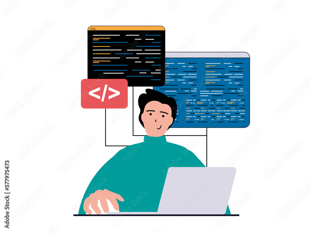 Programming Software Concept With Character Situation Man Working With Program Code At Laptop