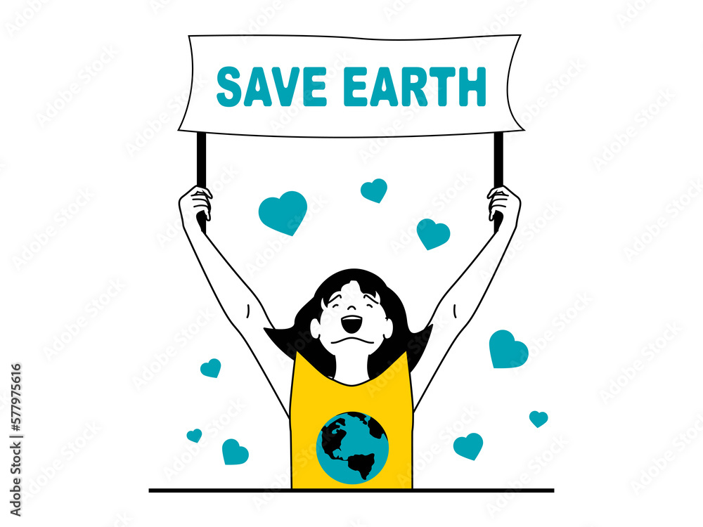 Save Earth concept with character situation. Woman eco activist holding ...