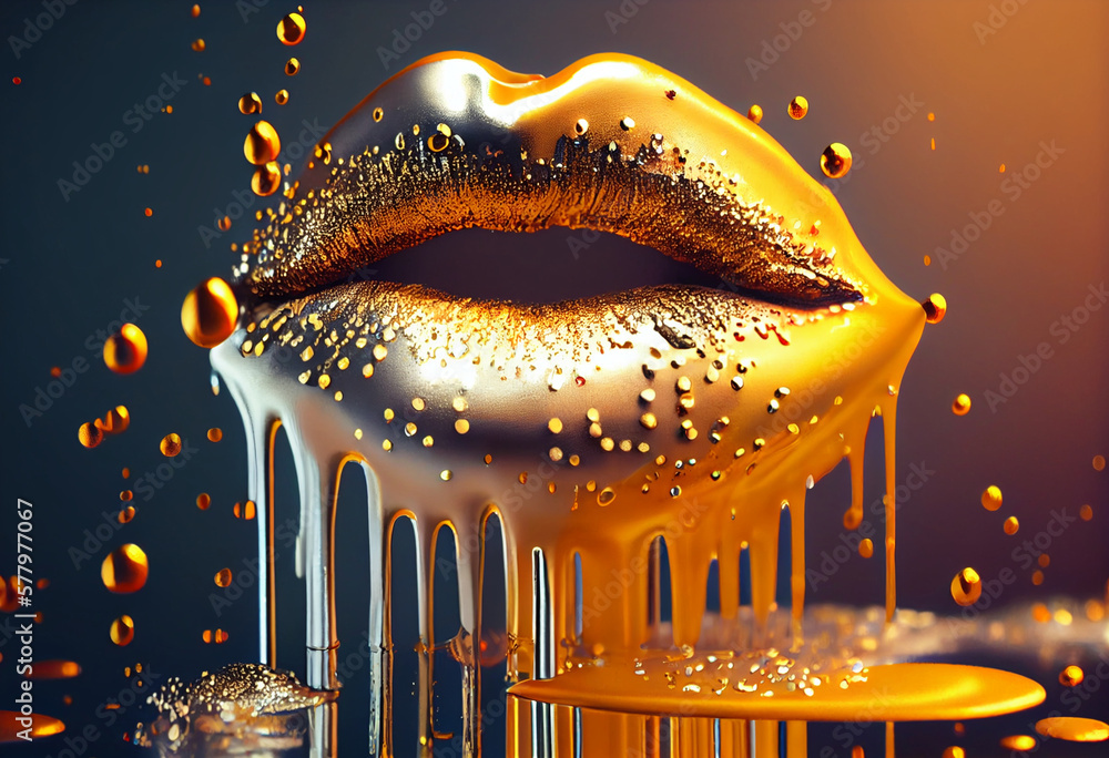 Gold Paint smudges drips from the face lips and hand, lipgloss dripping ...