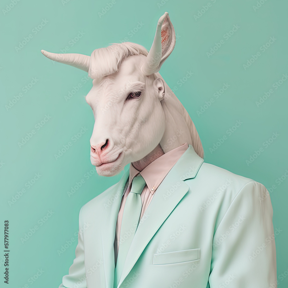Fashion goat in suit. Mint green monochrome portrait. Generative AI ...