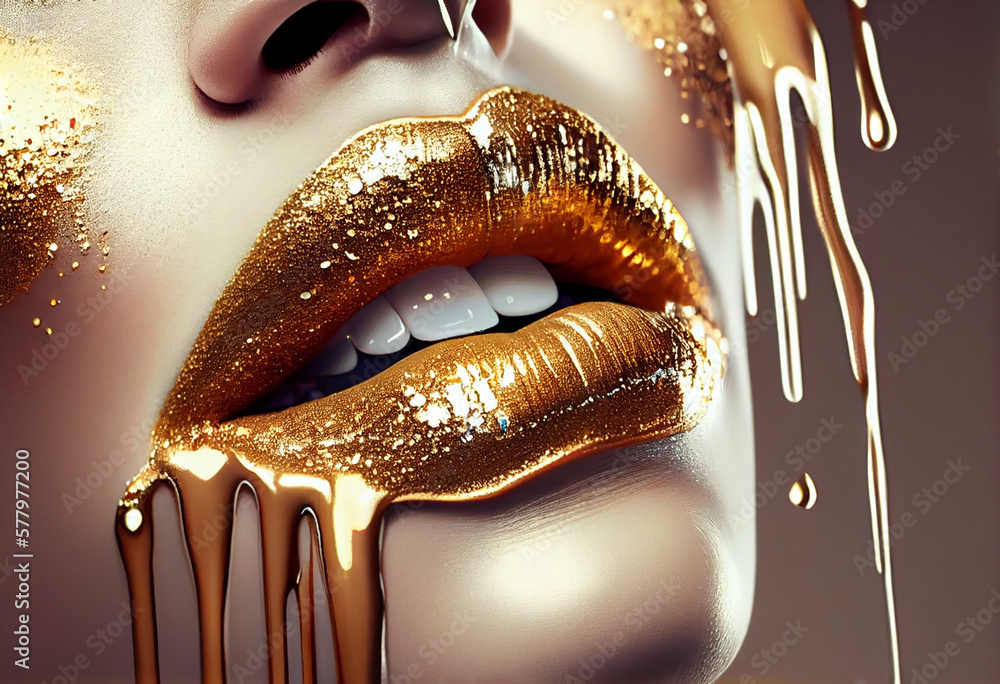 Gold Paint smudges drips from the face lips and hand, lipgloss dripping ...