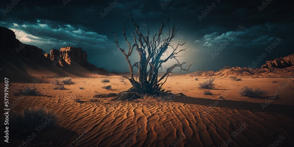 old withered tree in a desert landscape with dark cloudy sky, sahara ...