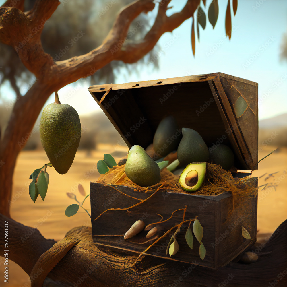 Cartoon artistic recreation of treasure chest with avocados inside in a ... Cartoon artistic recreation of treasure chest with avocados inside in a ...
