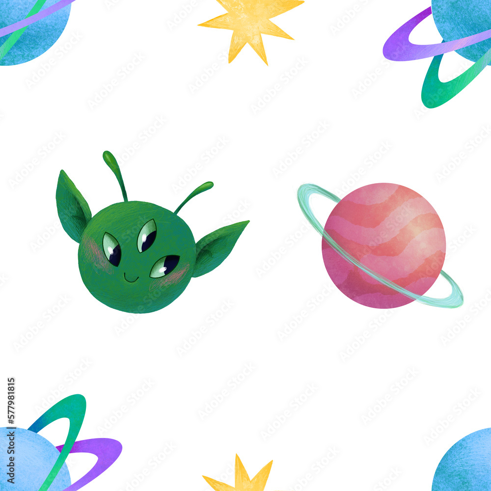 Alien space seamless pattern. Green alien head, stars and planets on ...