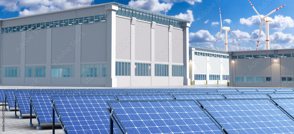 Solar power plant. Traps solar rays near factory. Industrial hangars ...