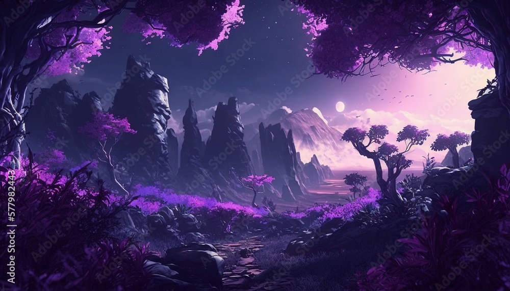 a painting of a purple forest with rocks and trees at night. generative ...
