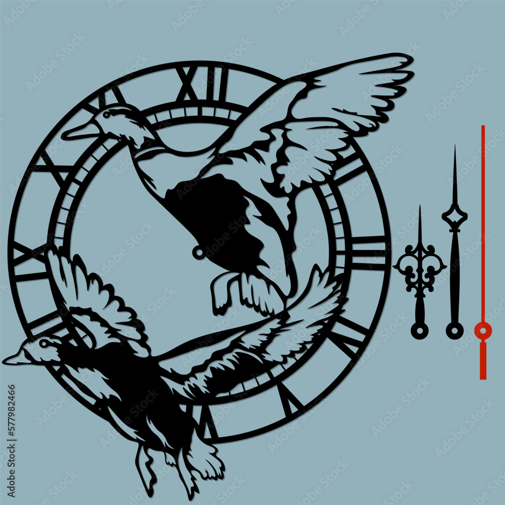 Beautiful clock with birds laser cut. Ducks in flight. Vector ...
