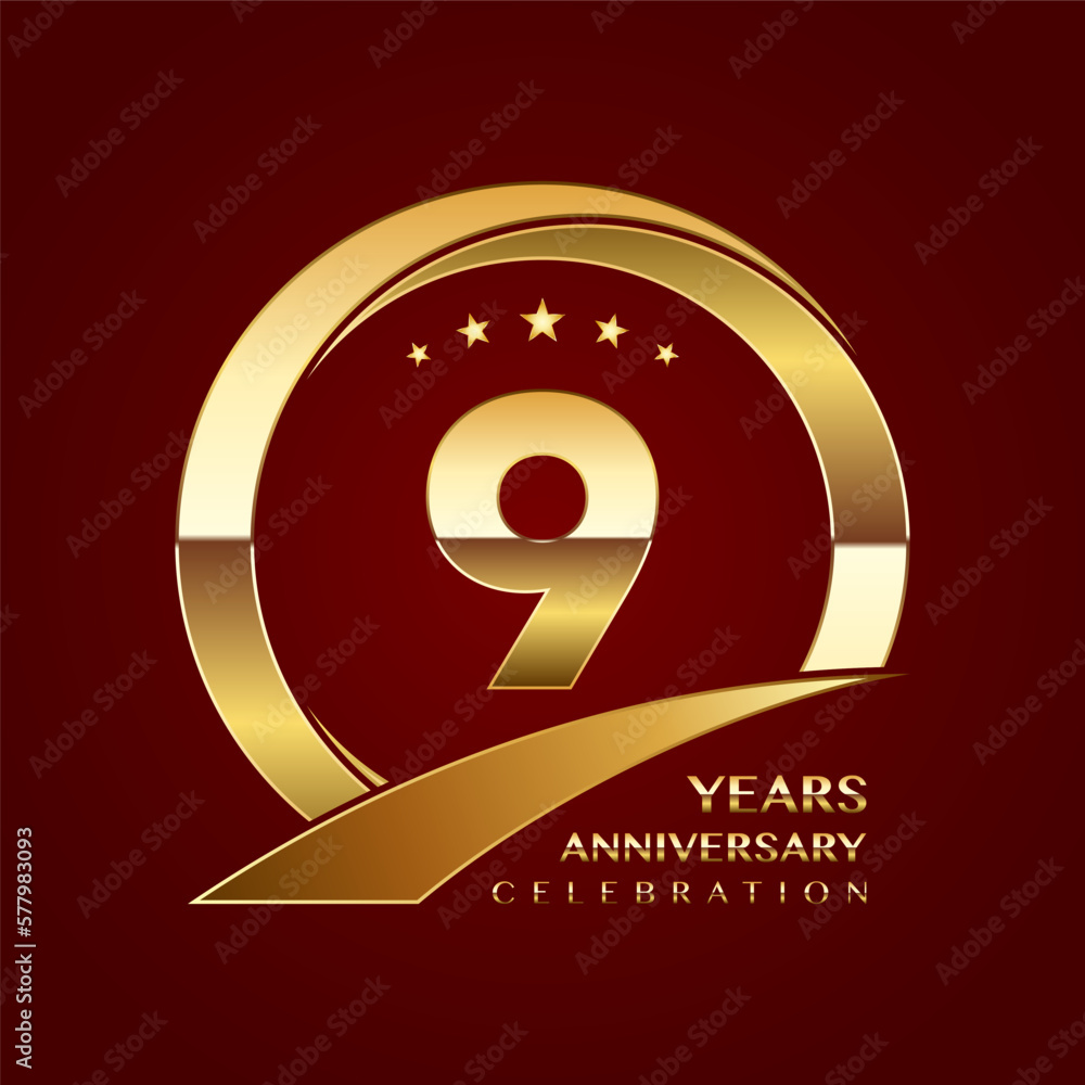 9th Anniversary logo design with shiny gold ring style. Logo Vector ...