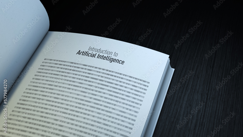Artificial Intelligence concept. Opened book introducing AI with binary ...