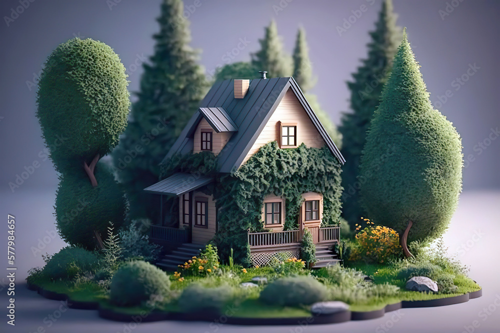 Eco house with bushes, tall trees, tidy environment. A pleasant ...