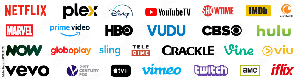 Kiev, Ukraine - March 05, 2023: Set popular TV streaming services icons ...