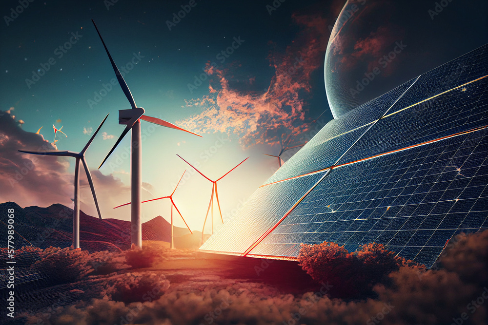 Solar panels wind turbines installed as renewable energy sources ...