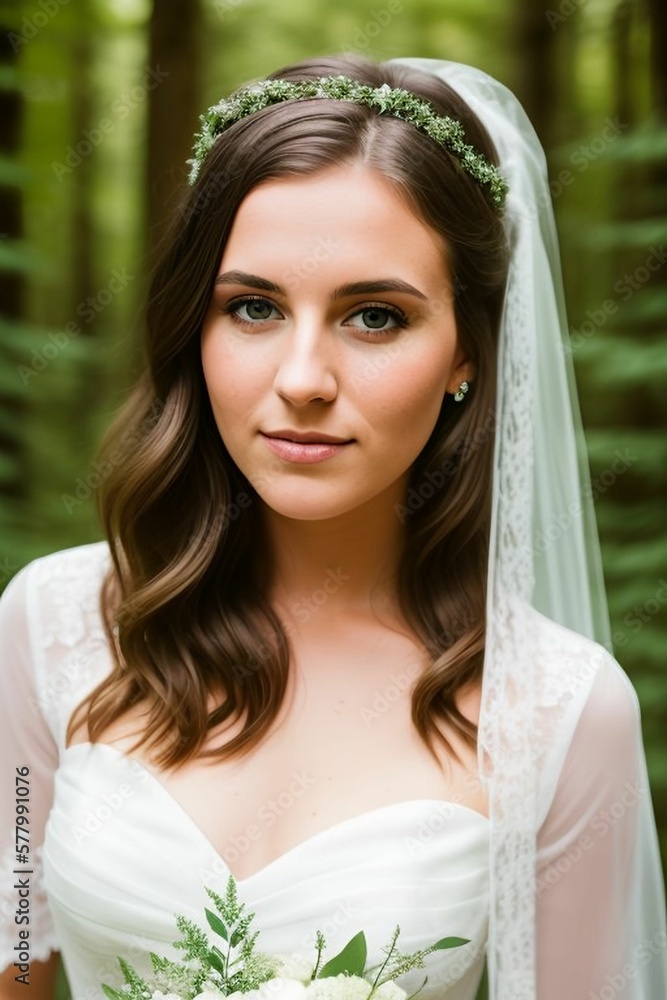 AI A portrait of a radiant 25-year-old bride beaming with joy in her elegant wedding dress ...