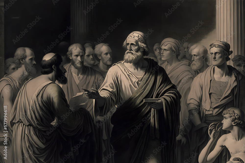 Socrates standing in front of a group of judges and citizens in the ...