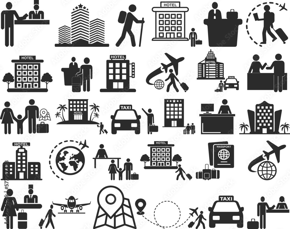 30 travel and hotel icon set, 30 tourist icon set black vector Stock ...