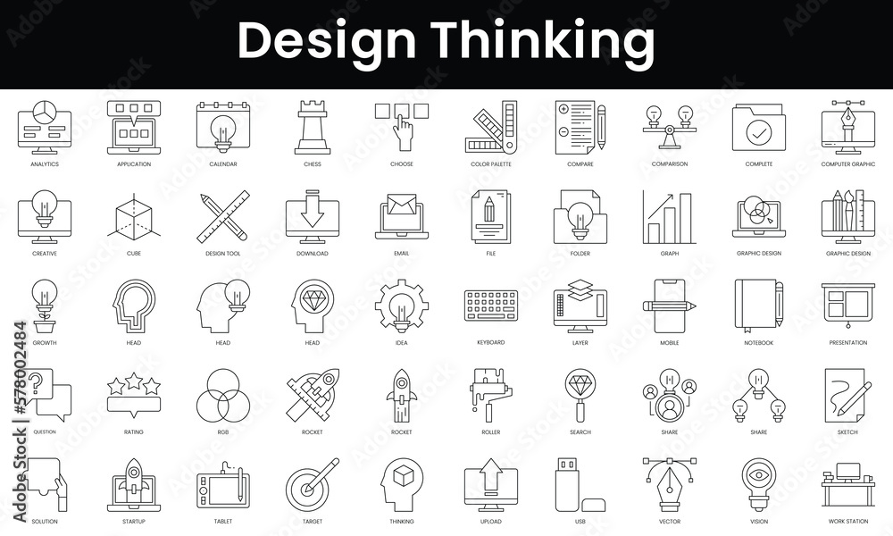 Set Of Outline Design Thinking Icons Minimalist Thin Linear Web Icon Set Vector Illustration