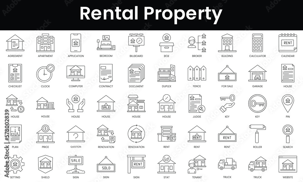 Set of outline rental property icons. Minimalist thin linear web icon ...