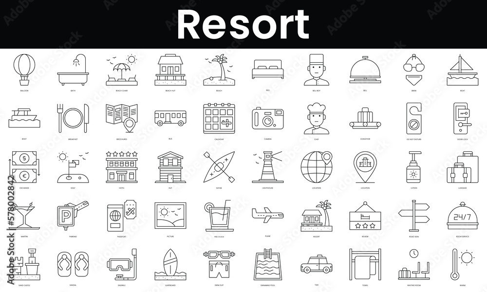 Set of outline resort icons. Minimalist thin linear web icon set ...