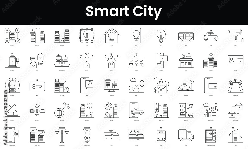Set of outline smart city icons. Minimalist thin linear web icon set ...