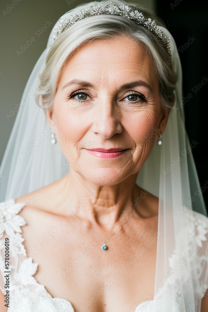 AI "A portrait of a radiant 55-year-old bride beaming with joy in her ...