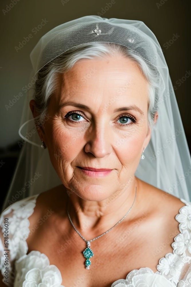 AI "A portrait of a radiant 55-year-old bride beaming with joy in her ...