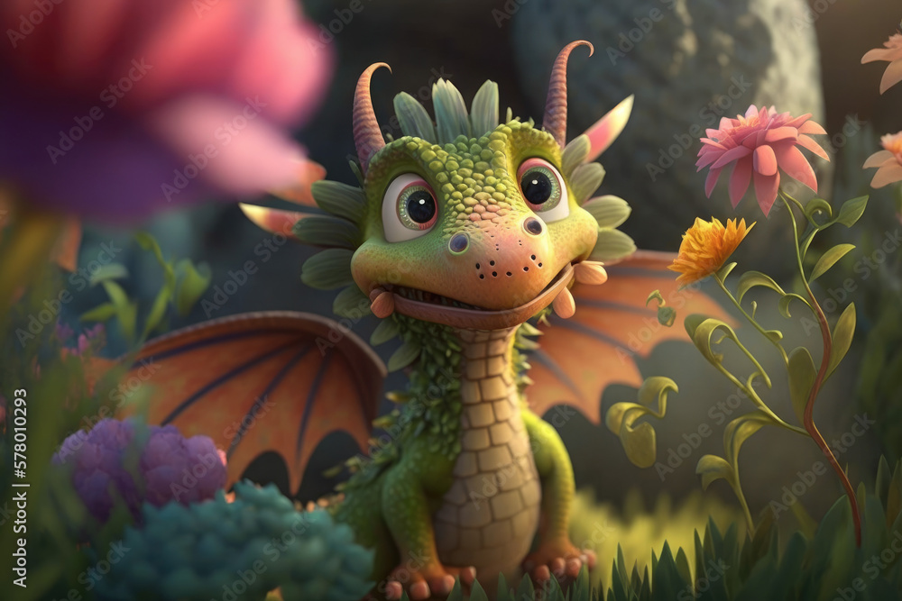 Cute realistic dragon portrait on a blooming background and natural ...