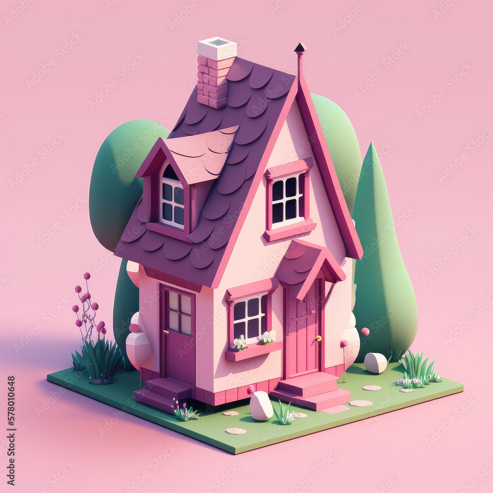 3d pink house on pink background. Cute cartoon design. Generated AI ...