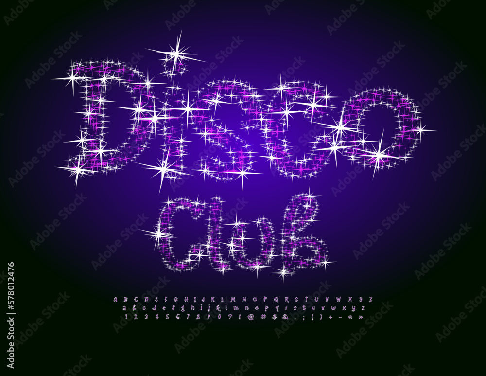 Vector playful emblem Disco Party. Fantasy Font with Sparkling Stars ...