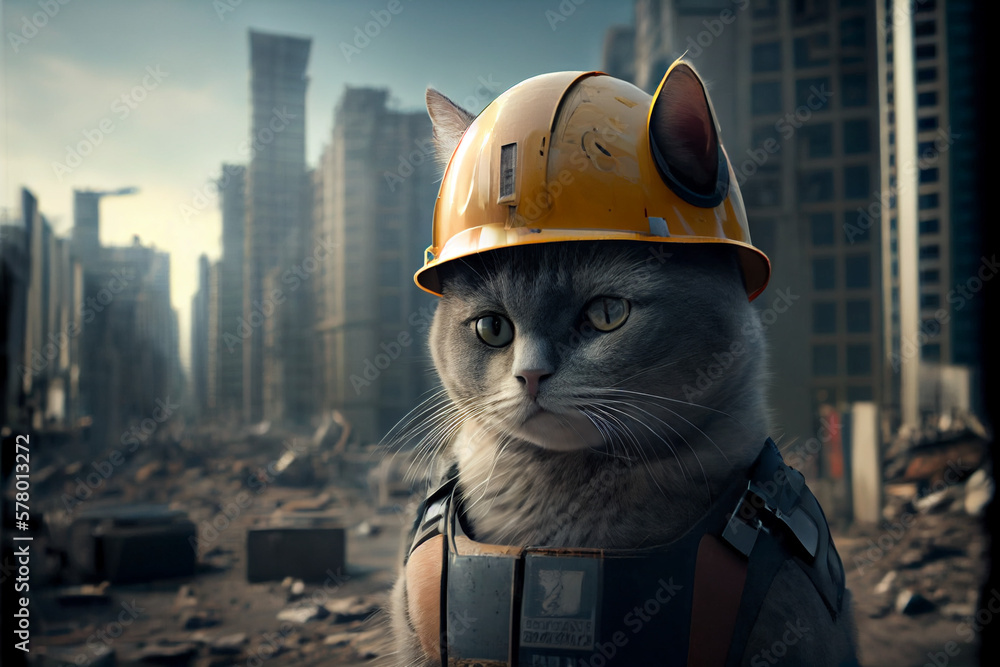 A cat in a construction helmet stands against the backdrop of a ...