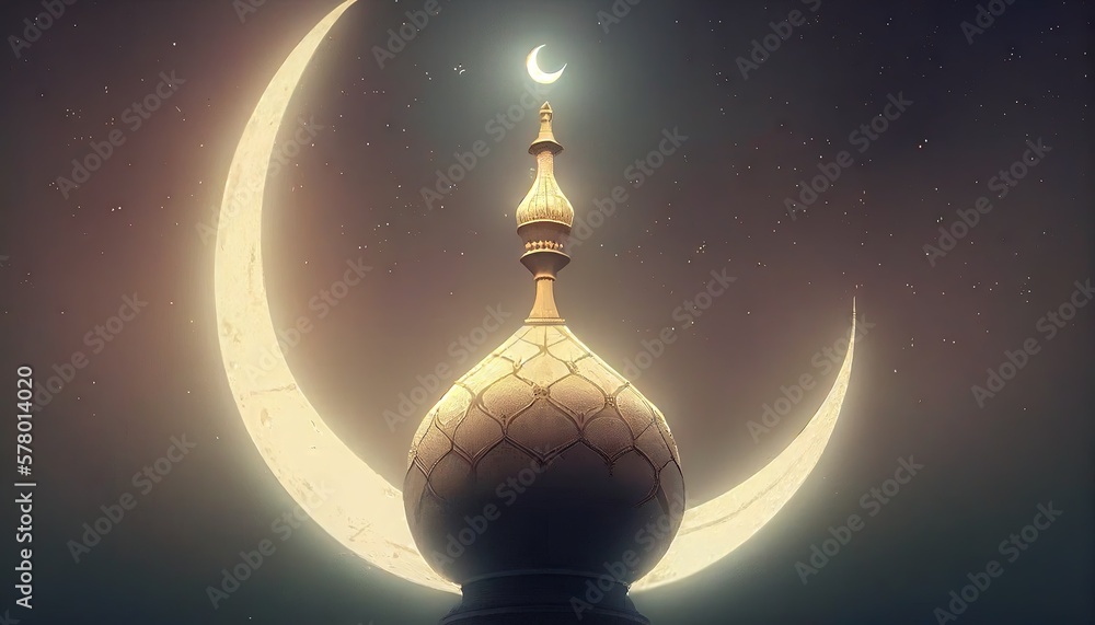 Glowing Mosque Minaret with Crescent Moon, Symbol of Islam. Generative ...