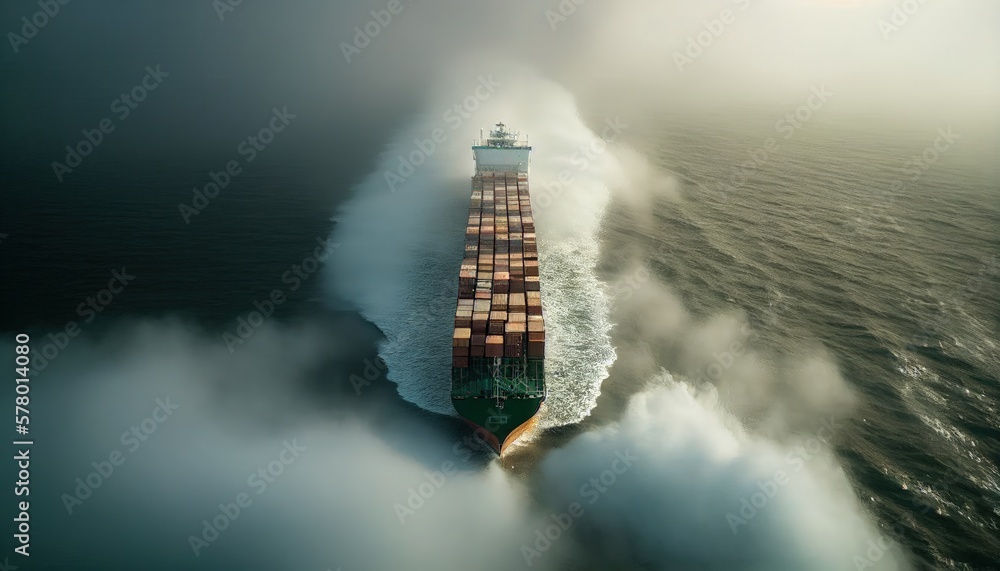 Loaded Container Cargo Ship at High Speed on Ocean, Aerial View with ...