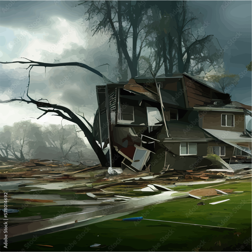 Destructive tornado destroys house, trees break. Bad weather landscape ...