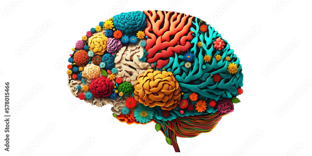 Colorful brain illustration using various plant flora to form the shape ...