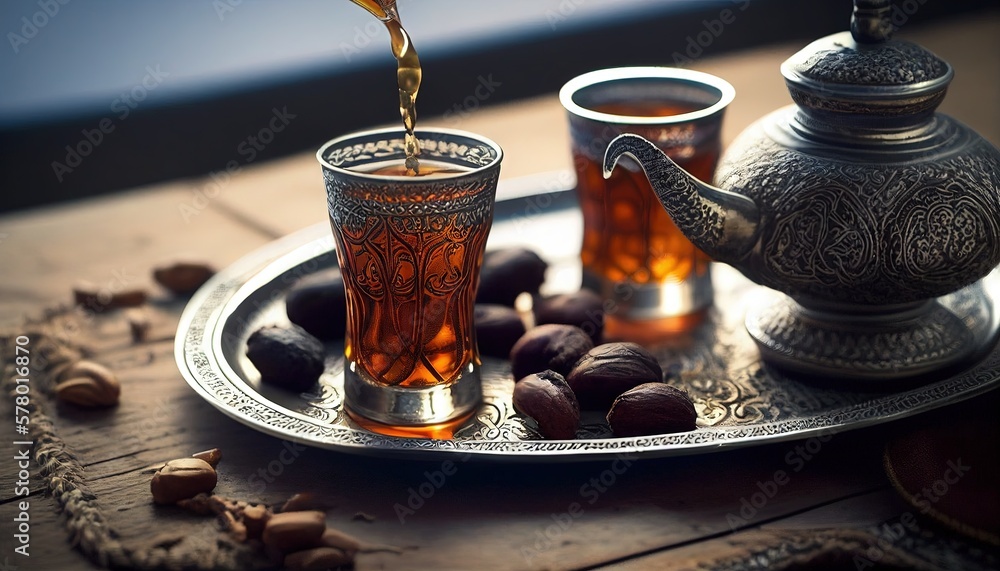 Traditional Arabic tea with dates and sugar on a plate. Concept ...