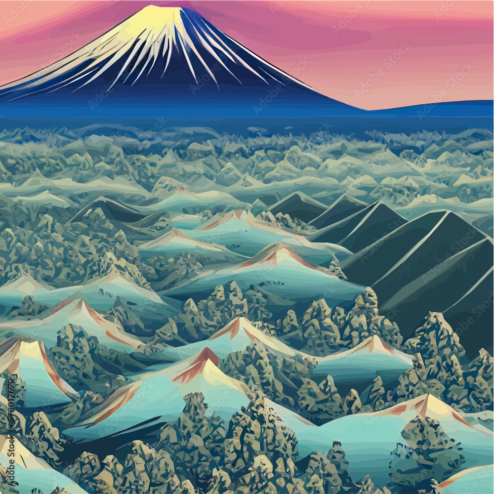 illustration of Japanese Mount Fuji with variety of trees, Ideal for ...