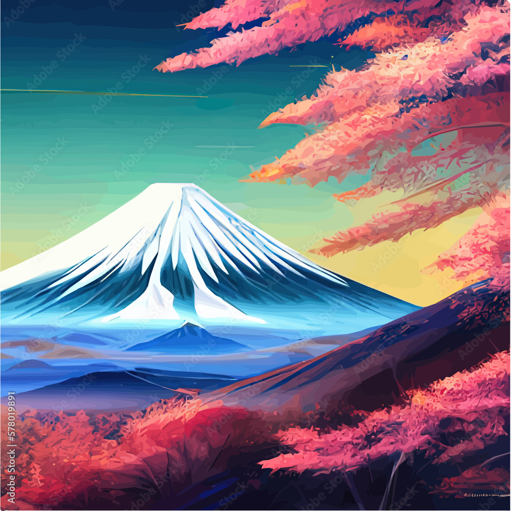 illustration of Japanese Mount Fuji with variety of trees, Ideal for ...