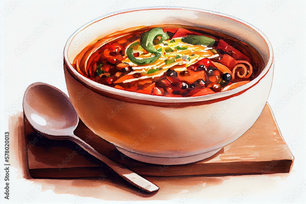 A watercolor painting of a bowl of chili, watercolour style generative ...