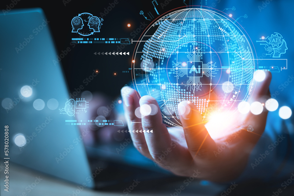 Hand holding virtual Global Internet connection with A.I. Artificial ...